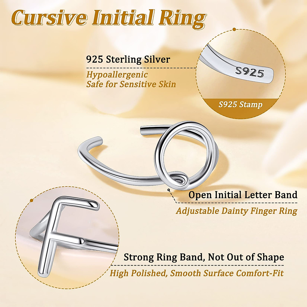 Suplight 925 Sterling Silver N Initial Ring, Ajudstable Alphabet Letter Ring, Women Rings