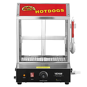 VEVOR Hot Dog Steamer, 28.5QT, 2-Tier Hot Dog Hut Steamer, 86℉~185℉ Temperature Control, Electric Bun Warmer with Tempered Glass Slide Doors Partition Plate Tong, Stainless Steel, for Hot Dogs & Buns