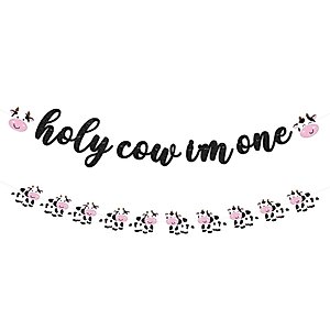 Holy Cow I'm One Banner for Cow Themed Birthday Party Glitter One Cow Banners Farm Animal Party Decorations Cow 1st Print Birthday Banners