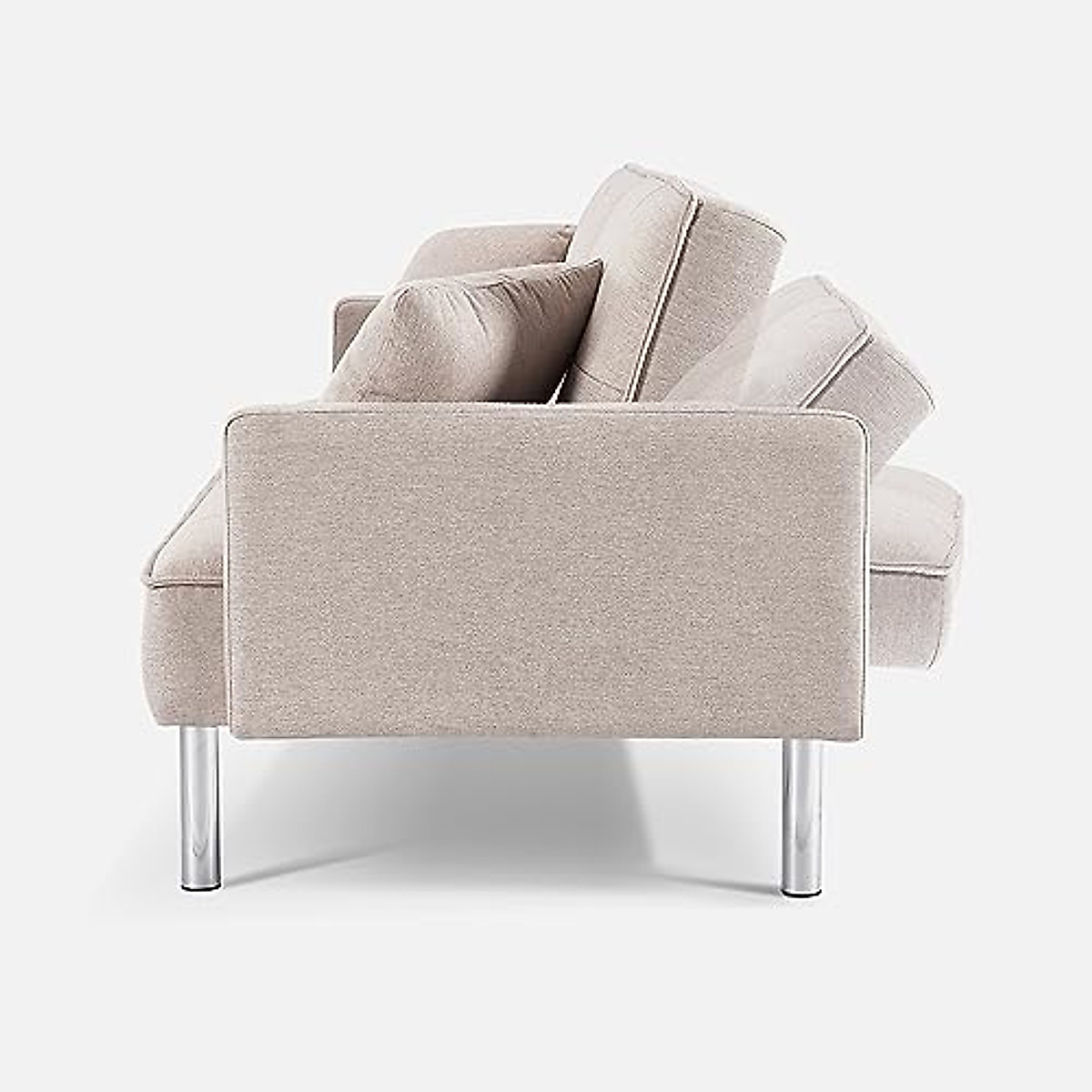 HomePop Upholstered Futon Bed with Chrome Legs, Modern Sofa Couches for Living Room, Small Spaces, Dorm, Apartment Sofabed, Standard, Beige