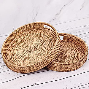 Rattan Round Serving Tray with Handles Large Hand Woven Wicker Basket Tray for Food,Dinner,Breakfast,Coffee Table,Ottoman (Set of 2)