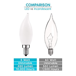 LUXRITE 5W Frosted E12 LED Bulb 60W Equivalent, 2700K Warm White, 450 Lumens, Dimmable Candelabra LED Bulbs, Flame Tip Glass, LED Candle Light Bulbs, UL Listed (6 Pack)
