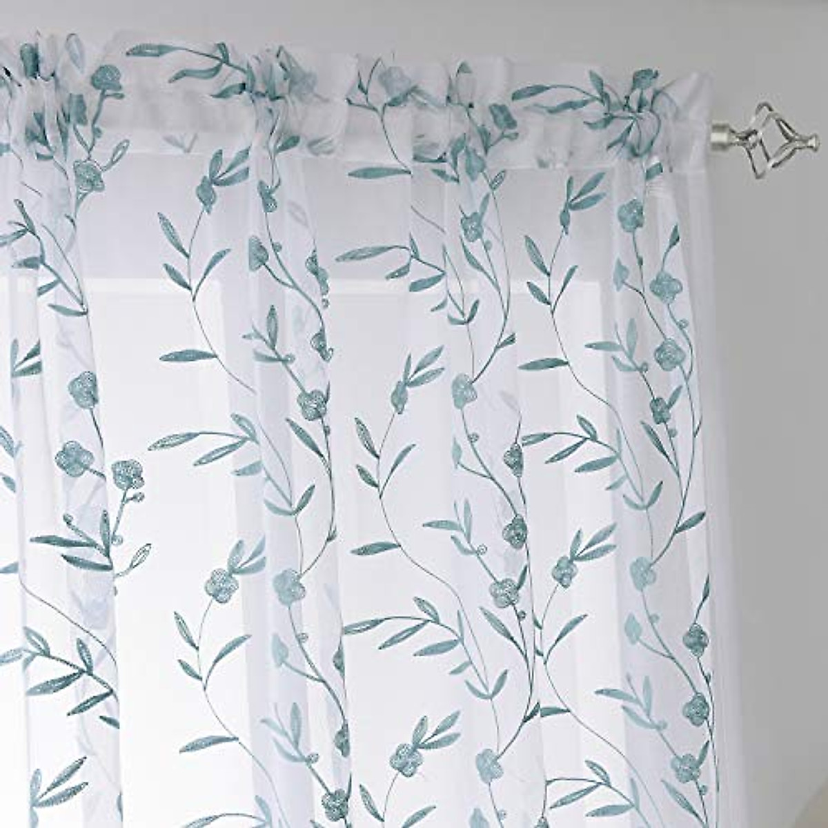 Sheer Curtains Floral Embroidery Blue 84 Inch Long Rod Pocket Lace Drapes for Living room, Bedroom, 2 Panels, 52"x84", Semi Voile Pattern Outdoor Window Treatment Sets for Yard, Patio, Villa, Parlor.