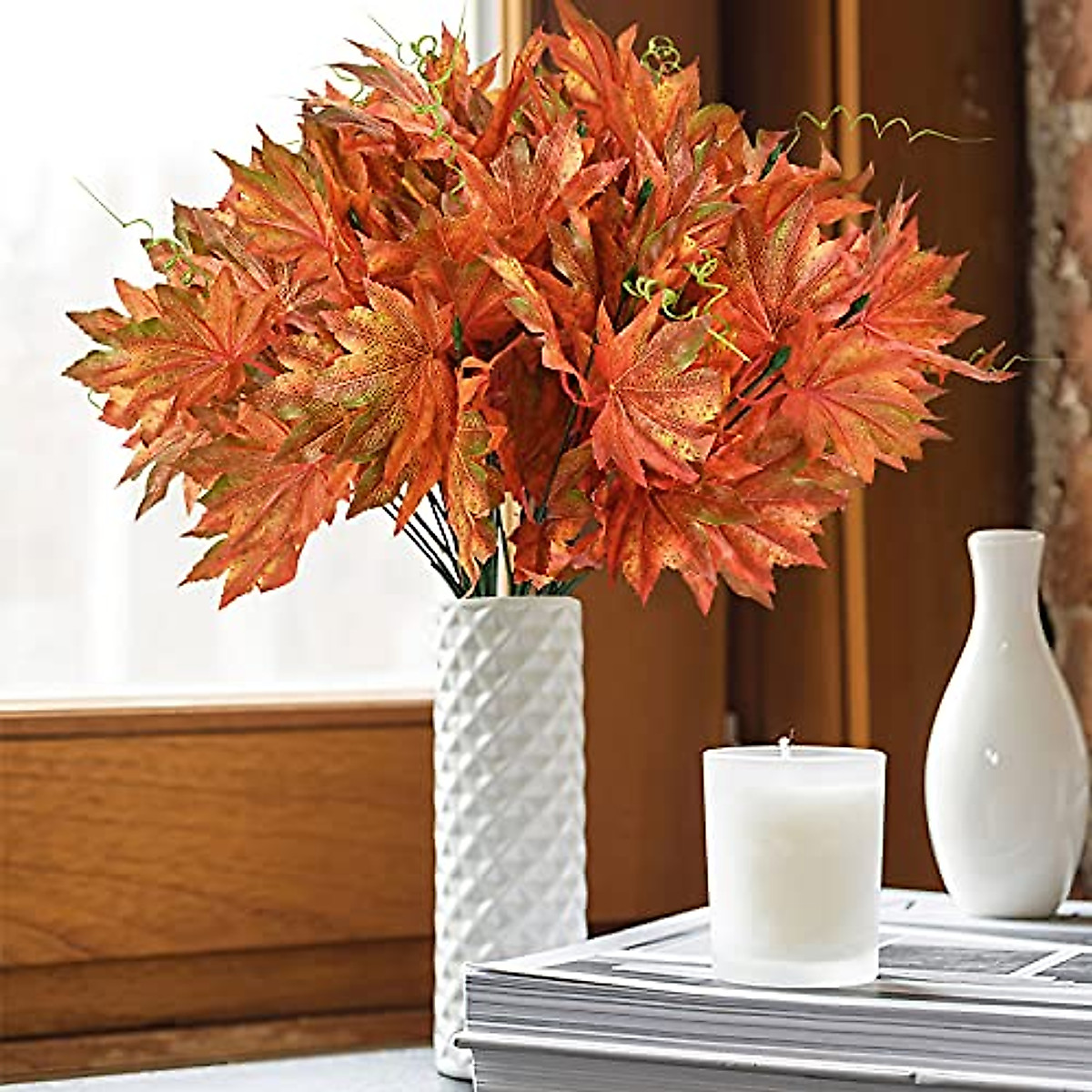 Artflower Fake Fall Bushes Autumn Fake Fall Bushes Artificial Large Maple Leaves Artificial Maple Leaves Branches for Indoor Outdoor Table Centerpieces Christmas Thanksgiving Decoration, 4 Pcs