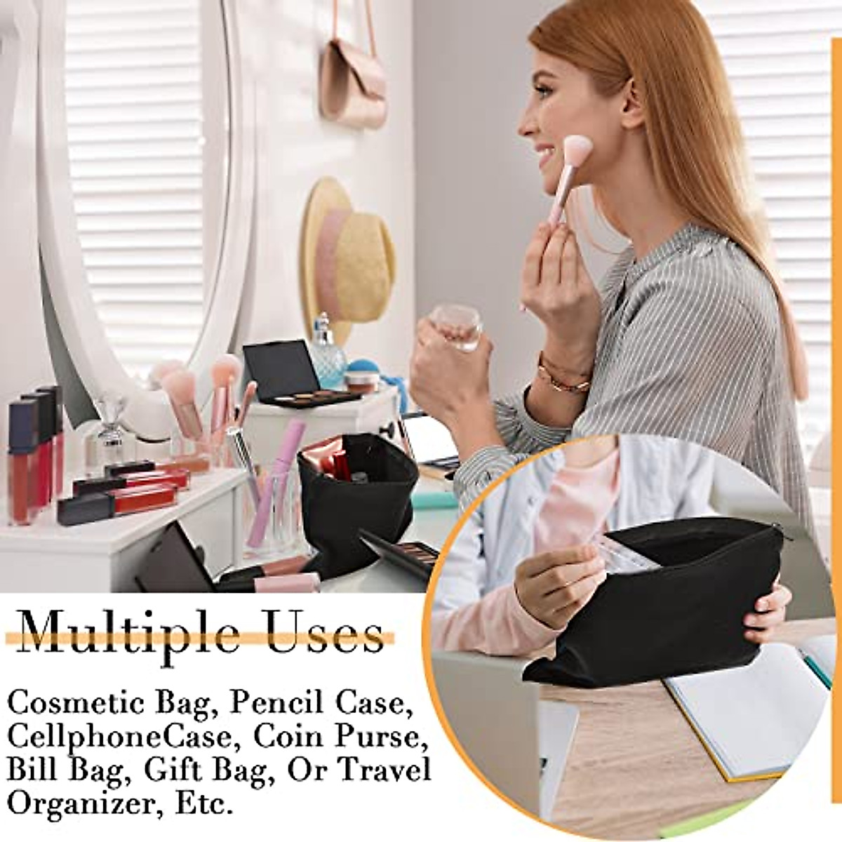 Mixweer 12 Pcs Black Canvas Tote Bag and Makeup Bags for Women Reusable Grocery Bags with Zipper Multipurpose Bag for Shopping Cosmetic Travel Toiletry DIY Craft