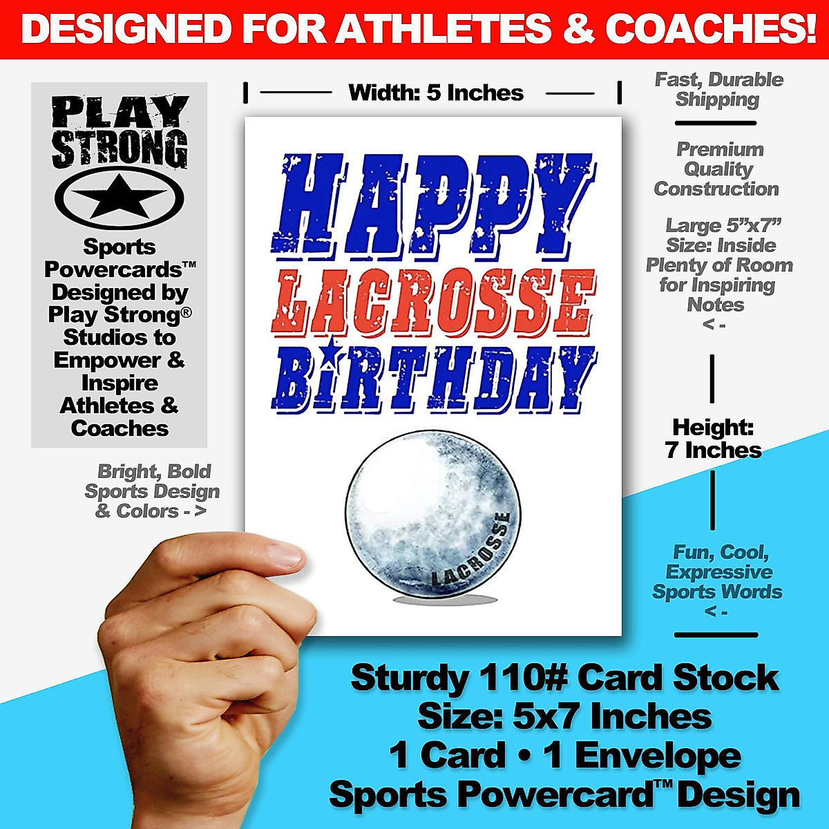 Play Strong Lacrosse Birthday Card 1-Pack (5x7) Super Star Illustrated Sports Birthday Cards Greeting Cards- Awesome for Lacrosse Players, Coaches and Fans Birthdays, Gifts and Parties!