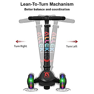 Allek Kick Scooter Foldable F02, 3-Wheel LED Flashing Glider and 4 Adjustable Height with Anti-Slip Thick Deck Push Scooter for Children 3-12yrs (Black)