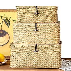 Storage Shelf Basket with Lid Rectangular Handmade Seagrass Rattan Woven Makeup Organizer Multipurpose Container Natural Box for Shelves