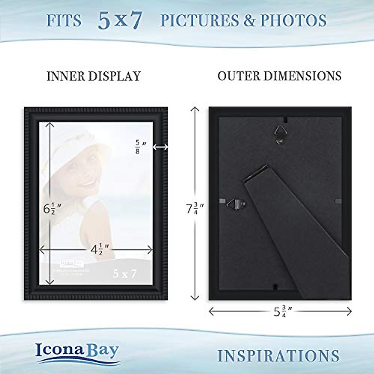 Icona Bay 5x7 Picture Frames (Black, 6 Pack), Beautifully Detailed Molding, Contemporary Picture Frame Set, Wall Mount or Table Top, Inspirations Collection