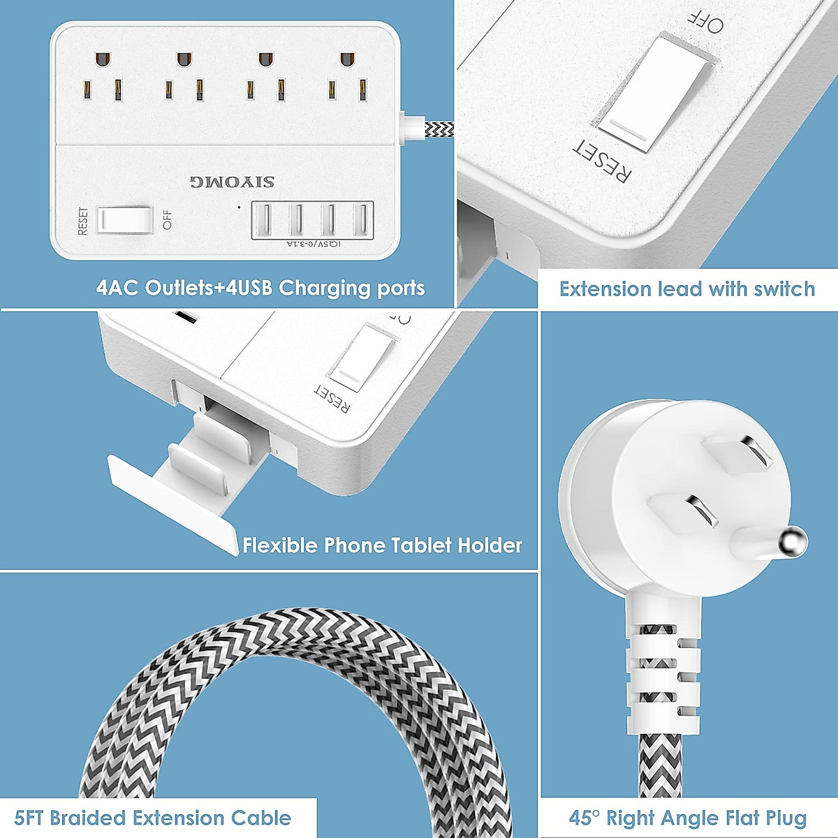 SIYOMG Power Strip, 5 FT Braided Extension Cord with Flat Plug, 4 Widely AC Outlets and 4 USB Ports, Charging Station for Dorm Home Office Travel, White