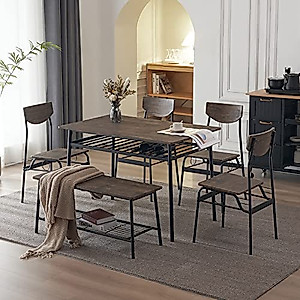 Rectangular Dining Table & Chair Set of 6 w/ Storage Space, Dining Room Set w/ 1 Table, 1 Bench & 4 Chairs for 6, Table Set w/ MDF Tabletop & Iron Frame, for Dining Room, Bistro, Home Bar, Kitchen