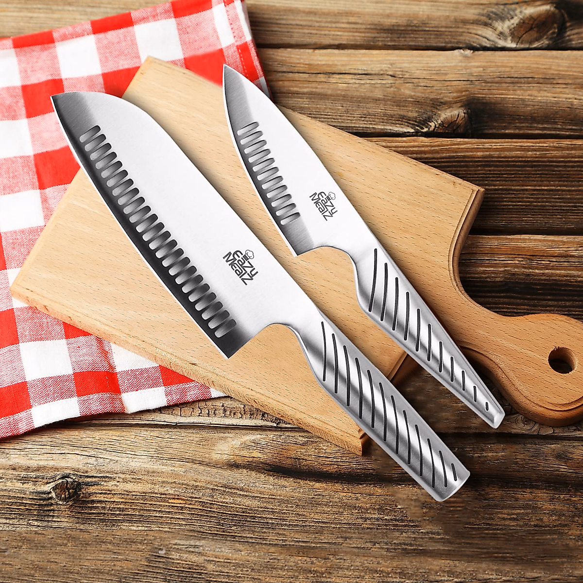 EaZy MealZ Super-Max Sharpness 2 Piece Knife Set | Stainless Steel | Non-Slip Comfort Grip | Professional Quality | All-Purpose | 7” Santoku & 4” Chef’s Knife