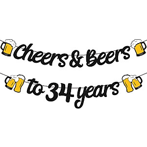 34th Birthday Decorations Cheers to 34 Years Banner for Men Women 34s Birthday Backdrop Wedding Anniversary Party Supplies Black Glitter Decorations PRE STRUNG