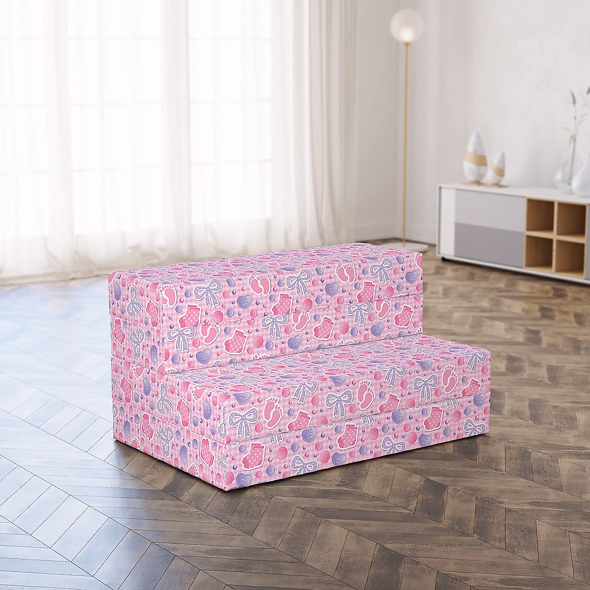 Ambesonne Cartoon Foldable Mattress, Bows and Buttons Ribbon, 74.8" x 39.4", Pale Pink and Mauve