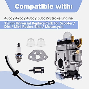 Carburetor Kit Fits for 43cc 47cc 49cc 50cc Scooter Dirt Mini Pocket Bike Motorcycle 2-Stroke Engine 15mm Replace Carb