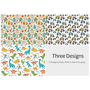 CAMKUZON Birthday Wrapping Paper Rolls for Kids Boys Girls Baby Shower Holiday - Cartoon Dinosaur, Monster Truck and Happy Party Designs Gift Wrap - Pack of 3, 17.7 Inch X 10 Feet Per Roll