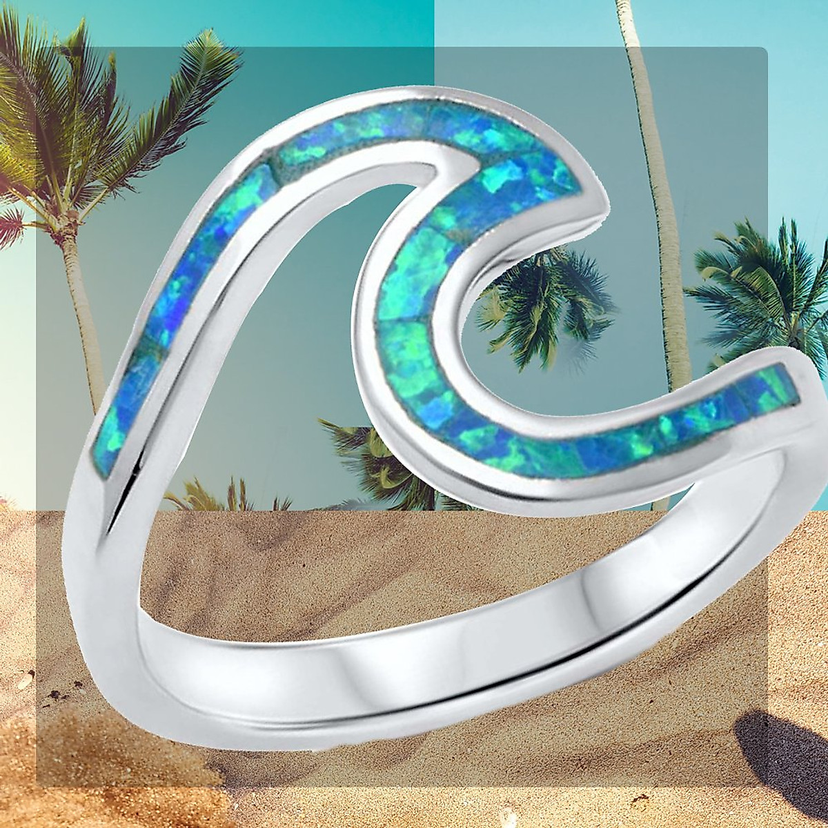 Oxford Diamond Co Wave Ocean Beach Lab Created Opal .925 Sterling Silver Ring Sizes 4-12. Colors Available (Lab Created Blue Opal, 5)