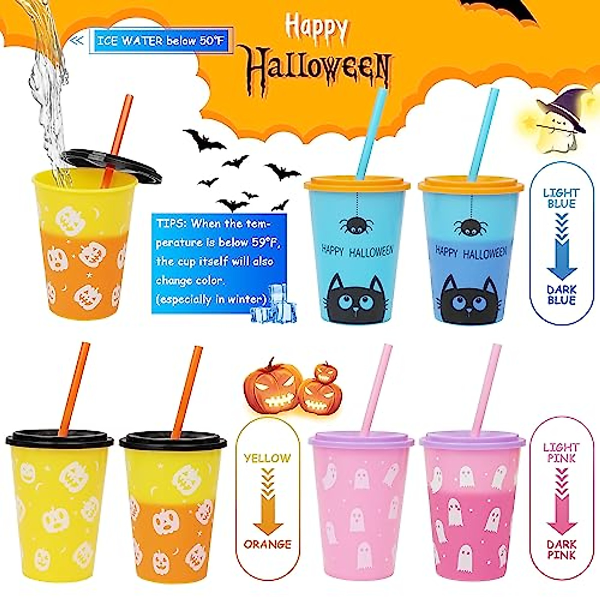 QTOP Halloween Party Color Changing Cups With Lids And Straws,6 Pack 13oz Plastic Tumblers With Lids And Straws Bulk,Reusable Halloween Cups For Party Favors