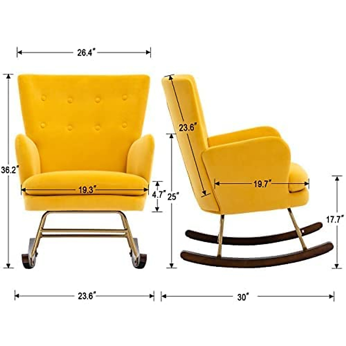 HEAH-YO Comfy Nursery Rocking Chair, Modern Glider Rocker Chair with Armrest, Upholstered Relax Velvet Lounge Chair with Thick Cushion for Living Room, Yellow