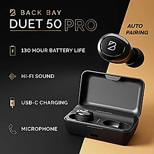 Back Bay Duet 50 Pro Wireless Bluetooth Earbuds and Slim Running Belt for Women, Men. 130 Hour Long Battery Life with Charging Case. Waterproof iPhone Holder Waistband for Runners