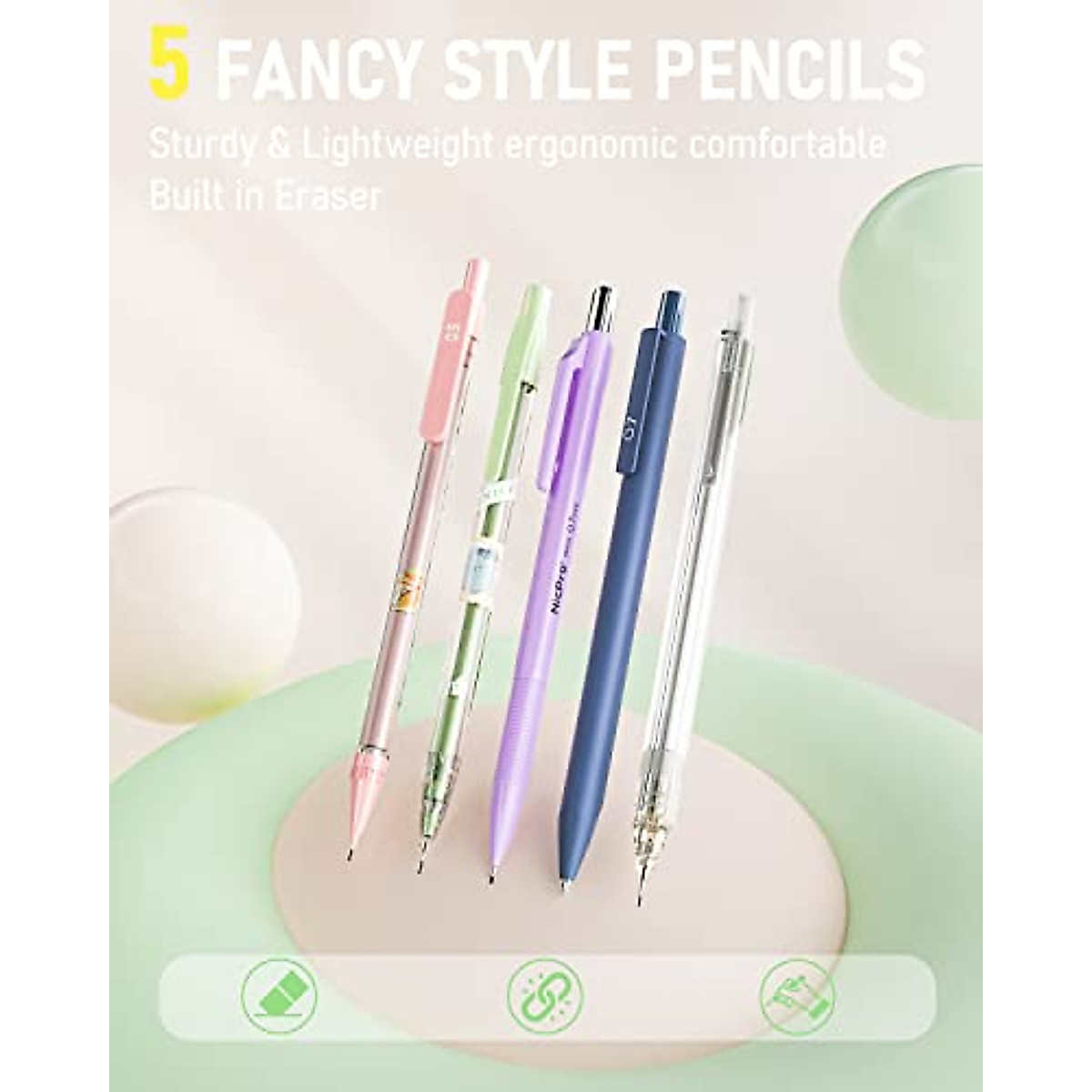 Nicpro 46PCS Aesthetic School Supplies With Big Capacity Pen Case, 26PCS Cute Pastel Mechanical Pencils 0.5 mm & 0.7 mm with 12 Tube HB Lead Refills, Erasers,Eraser Refills for Student Writing Drawing