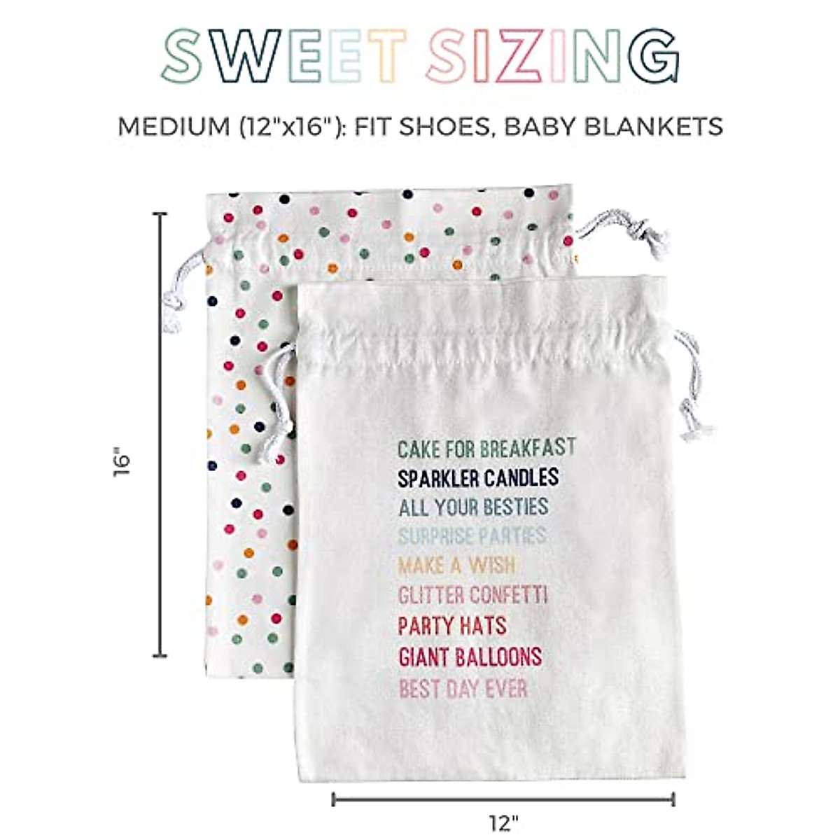 Gather & Knot Drawstring Gift Bags | 16" Medium | Happy Birthday | Premium Canvas | Reusable Fabric Wrap for Kids, Adults | Gender Neutral | Mix & Match Set