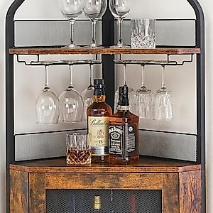 Amyove Corner Wine Bar Cabinet with Detachable Wine Rack, Industrial Wine Cabinet with Glass Holder, Small Sideboard and Liquor Coffee Bar Cabinet with Mesh Door, ‎Retro Brown