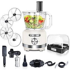 Homtone 16 Cup Food Processor with Storage Box, 10-in-1 Electric Vegetables Chopper for Slicing, Chopping, Mincing, Shredding, Purees & Dough, Extra-Large 3" Feed Chute, 600W, White