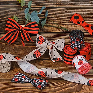 5 Rolls 2.5 Inch x 30Yards Ladybugs Canvas Ribbons Lady Bug Wire Edged Wrapping Ribbon Red Polka Dot Wired Edge Ribbon Grosgrain Red Dot Craft Ribbon for Crafting Wrapping Party Decoration