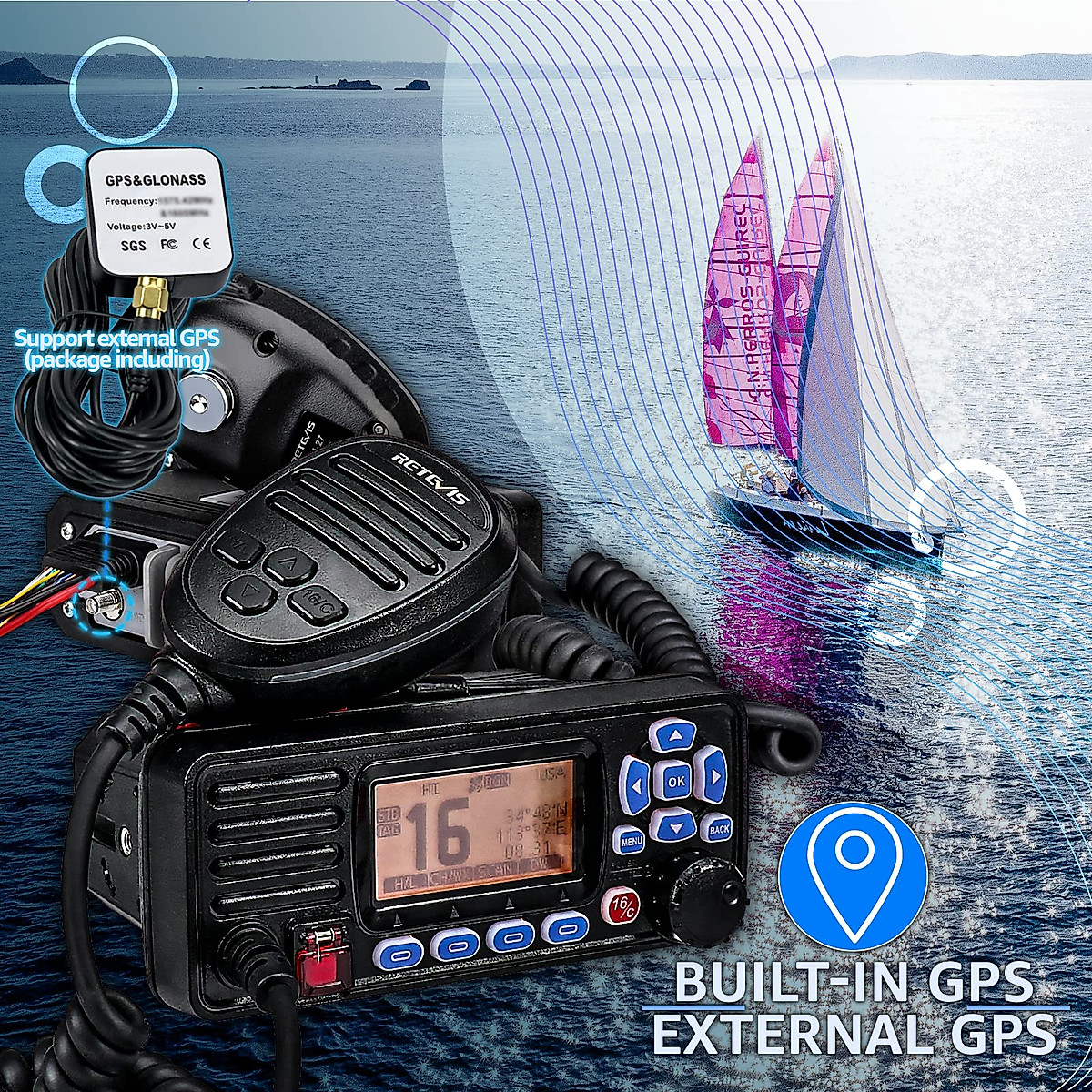 Retevis RA27 Fixed Mount Marine Radio with GPS,Waterproof IP67,Triple Watch,DSC,Emergency NOAA Weather,All USA/International/Canadian Marine Channels,Ship to Shore Radio for Boats,Black
