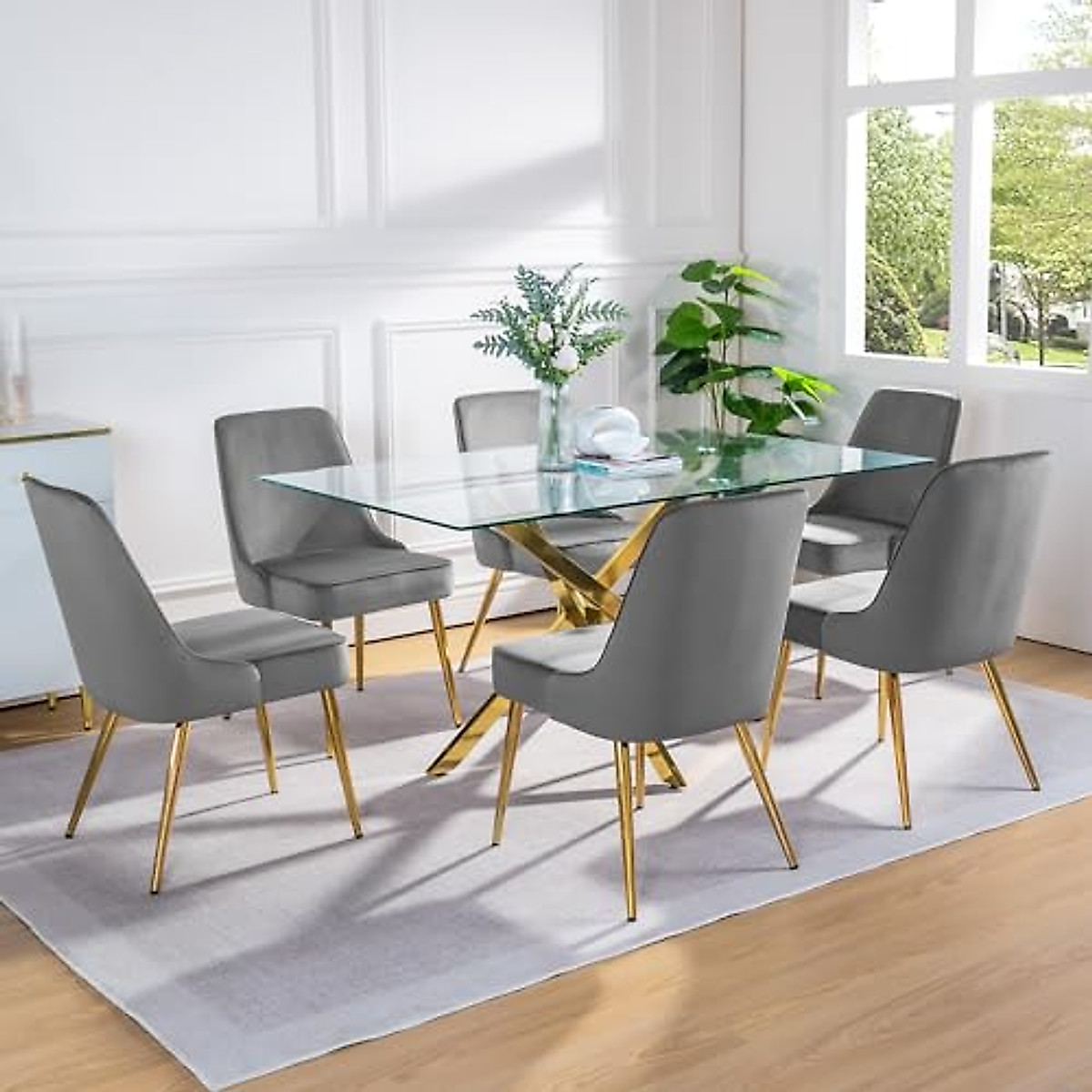 KithKasa Dining Chairs Set of 4 Upholstered Mid-Century Modern Velvet Accent Desk Chair with Gold Legs for Kitchen Living Room Grey…