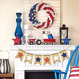 Uniwish Red White and Blue Stars Banner, Patriotic 4th of July Decorations American Independence Day Garden Flag Garland Burlap Bunting Sign