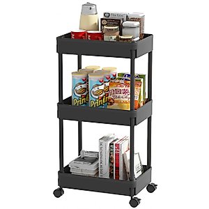 Sooyee 3-Tier Plastic Rolling Utility Cart with Wheels, Multi-Functional Storage Trolley for Office, Living Room, Kitchen, Movable Storage Organizer with Wheels, Black