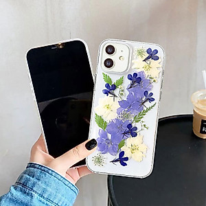 Abbery Designed for iPhone 12 Mini Case Pressed Flower Cute Clear with Design Soft Silicon TPU Rubber Dired Real Flroal Girl Woman Aesthetic Case for iPhone 12 Mini (Navy Flower)