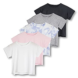 Real Essentials 5 Pack: Womens Crop Top High Waist Quick Dry Fit Active Wear Yoga Workout Athletic Running Gym Exercise Ladies Short Sleeve Crew Neck Moisture Wicking Tees T-Shirt Summer - Set 6, L