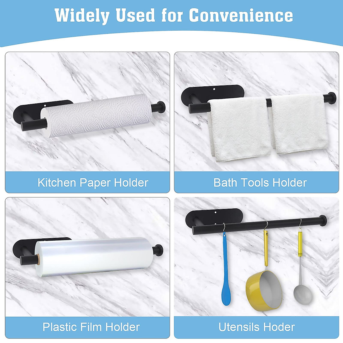 FGSAEOR Paper Towel Holder, Adhesive or Wall Mount Stand Rack Use for Paper Towel, Towels, Plastic Wrap, Stainless Steel Organization Shelf for Kitchen, Cabinet, Bathroom, Garage, Pantry (Black)