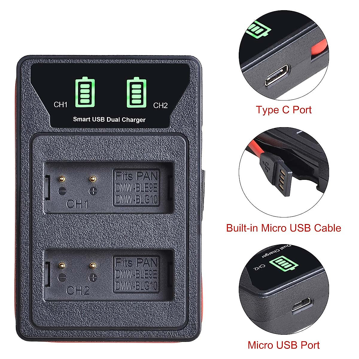 Pickle Power DMW-BLG10 DMW-BLG10PP DMW-BLE9 Battery and Charger for Panasonic Lumix DMC-GX7 DC-GX9 DMC-GX85 DMC-GF5 DMC-GF6 DMC-GF3 DC-ZS80 DMC-ZS60 DMC-LX100 DC-ZS200 DC-ZS70 DMC-GX80