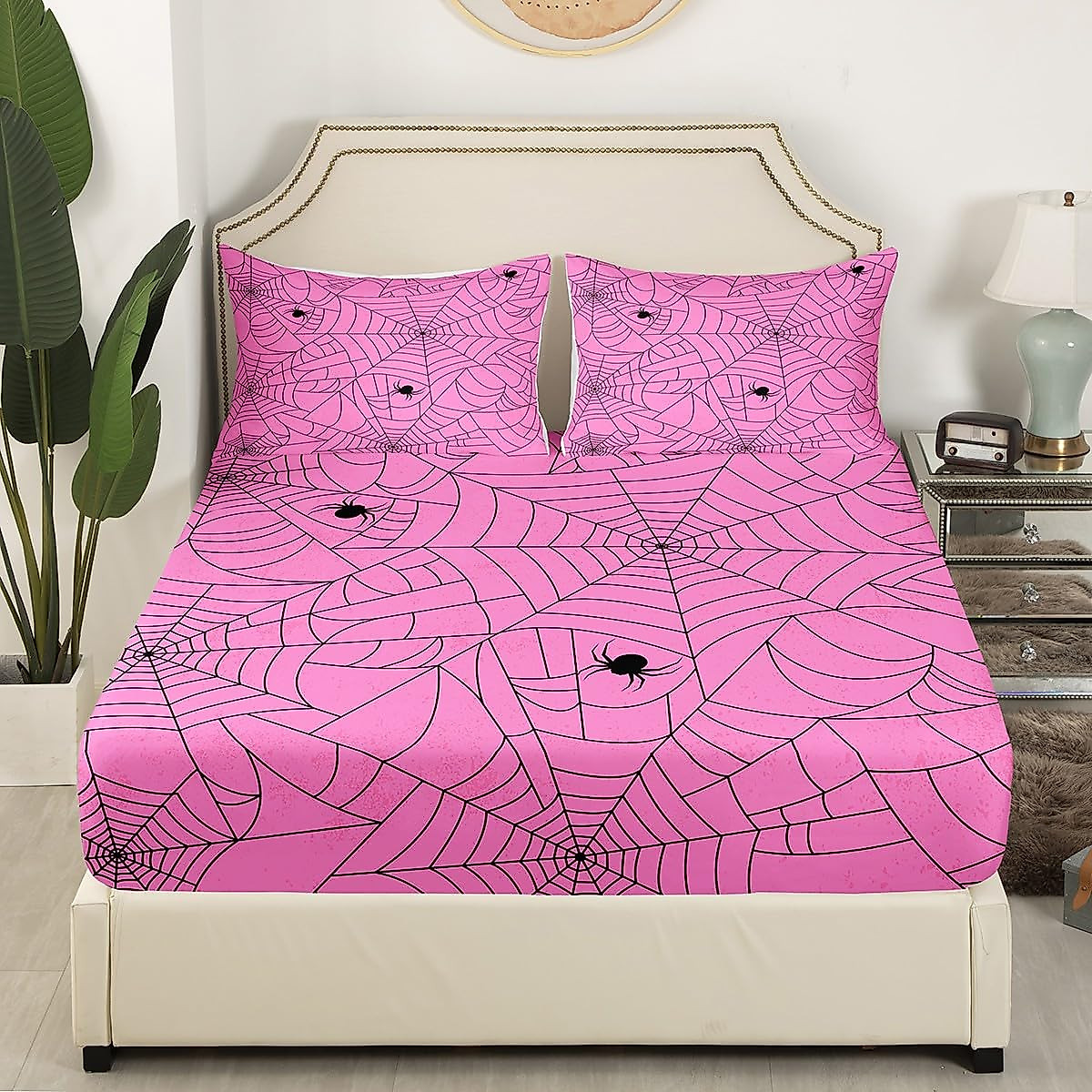 Pink Halloween Sheets Set Full Size Spider Web Bed Sheet Set for Boys Girls Children Spider Animal Bedding Set Pink Black Halloween Night Room Decor Bed Sheets with Deep Pocket Fitted Sheet 4Pcs