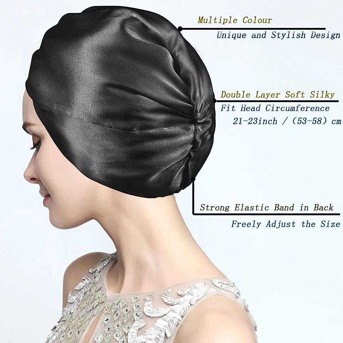 FRX 2021 New Silk Sleeping Cap for Women Hair Care Hair Cap, Imitation Silk Night Hair Bonnet for Sleeping, Double Layer Silky Head Scarf Hat for Sleeping with Elastic Band (Black)