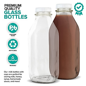 Stock Your Home Liter Glass Milk Bottle with Lid (3 Pack) 32 Oz Jugs and 6 White Caps, Reusable Food Grade Milk Container for Refrigerator, Bottles for Juice, Oat or Plant Milks, Water, Honey