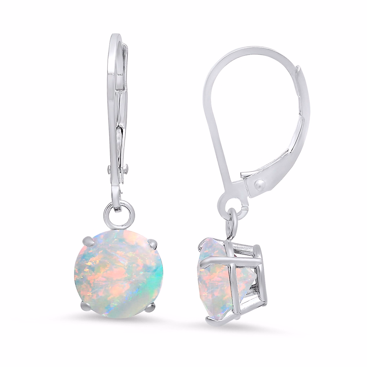 MAX + STONE 10k White Gold 8mm Round October Birthstone Created Opal Dangle Earrings for Women with Leverbacks