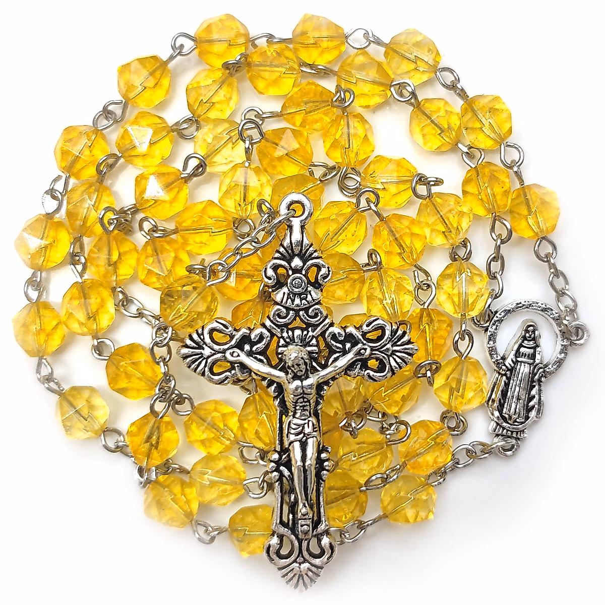 GeekTenet Rosary Beads Chaplet Yellow Rhombus Natural Crystal Rosery Cross Catholic gifts (Yellow)
