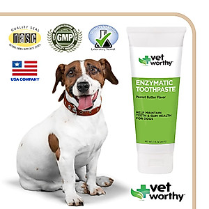 Vet Worthy Peanut Butter Enzymatic Toothpaste for Dogs - For Clean, Healthy Teeth and Gums - Freshen Dogs Breath - Peanut Butter Flavor - Made in the USA - Start Your Dog’s Dental Routine Today - 3oz