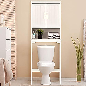 Giantex Over The Toilet Bathroom Space Saver Free Standing Toilet Rack with Adjustable Inner Shelf, Open Shelf and Double Doors 3-Shelf Bathroom Organizer, White