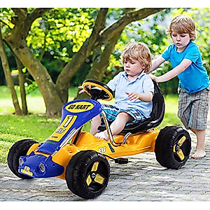 Costzon Kids Pedal Go Kart, 4 Wheel Ride on Car, Pedal Powered Ride on Toys for Boys & Girls with Adjustable Seat, Pedal Cart for Kids 37"× 24.8"× 20.1" (Yellow)