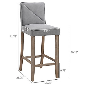 HOMCOM Modern Bar Stools Set of 2, Upholstered Bar Height Kitchen Stools with Build-in Footrest, Solid Wood Legs, Gray