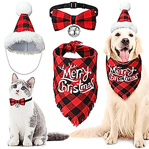 3 Pieces Christmas Dog Decoration Set, 1 Buffalo Plaid Dog Bandana Puppy Triangle Scarf 1 Pet Bow Tie with Bell 1 Christmas Dog Hat for Puppy Cat Pet Small Medium Large Dog(Black Red)