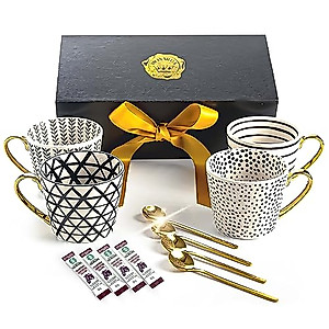 Monarca Set of 4 Mugs with Gold Tea Spoons, Ceramic with Real Gold Plated Handle, Aesthetic, Hand Painted 12 oz Elegance Colors Black, White and Gold