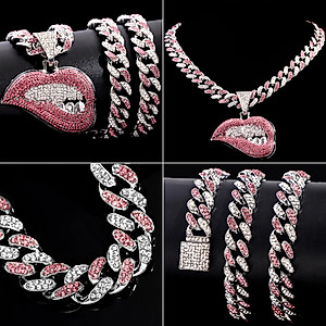 Iced Out Chain for Women Men, Cuban Link Chain, Hip Hop Pink Bite Lip Shape Pendant Necklace for Women with Bling Iced Out Silver Color Cuban Link Chain HipHop Necklace Jewelry (20 Inches, Silver plating)