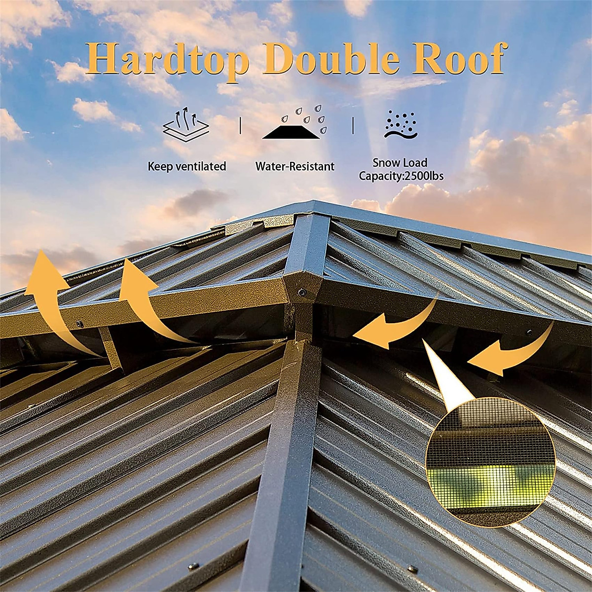 12'x16' Hardtop Gazebo, Outdoor Aluminum Hard Top Gazebo with Galvanized Steel Double Roof, Permanent Metal Roof Gazebo with Nettings, Curtains and Hooks for Deck, Patio (Brown)